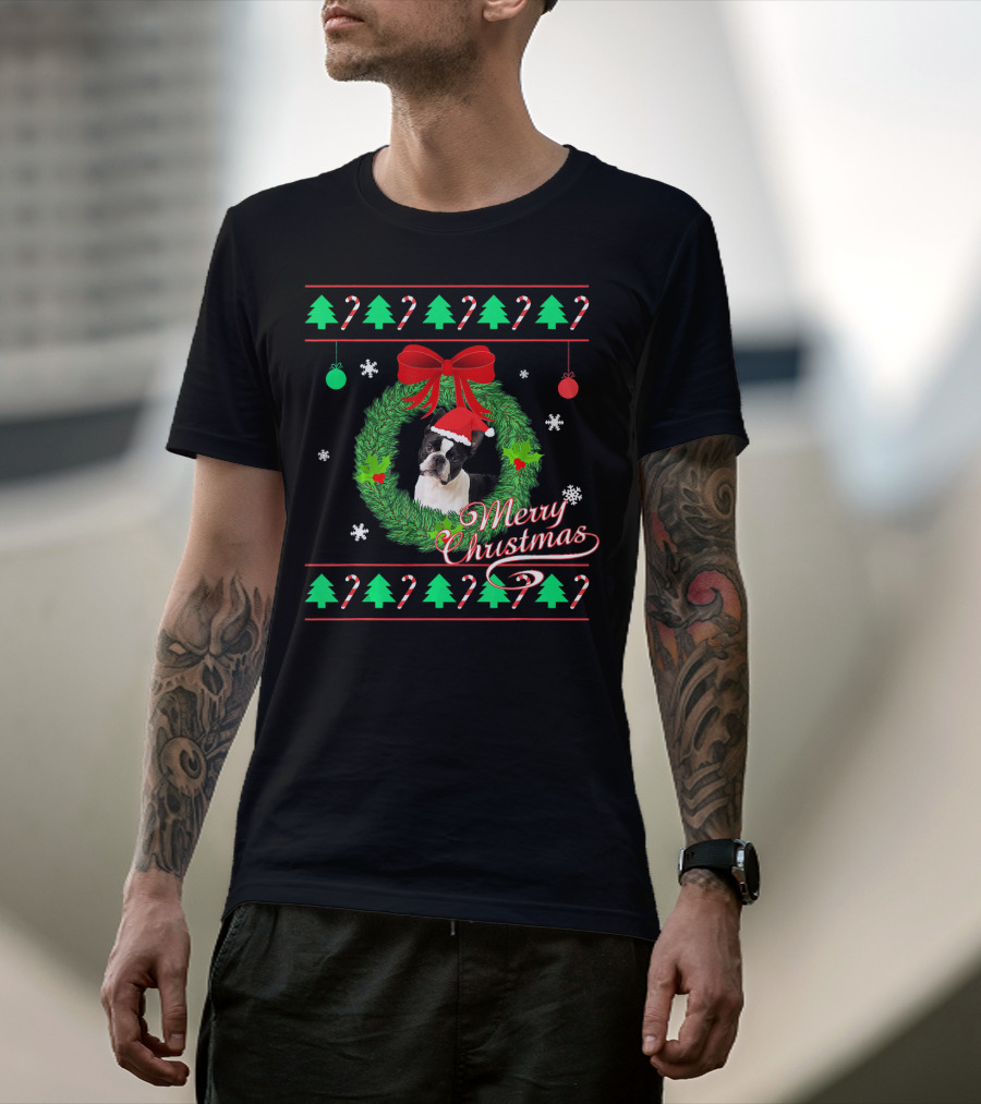 Merry Christmas Boston Terrier Wreath Candy Cane Trees T-Shirt
