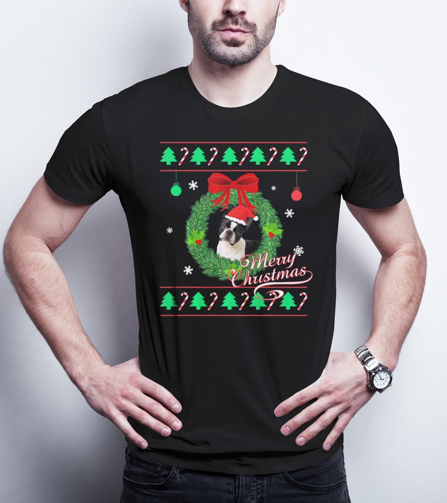 Merry Christmas Boston Terrier Wreath Candy Cane Trees T-Shirt