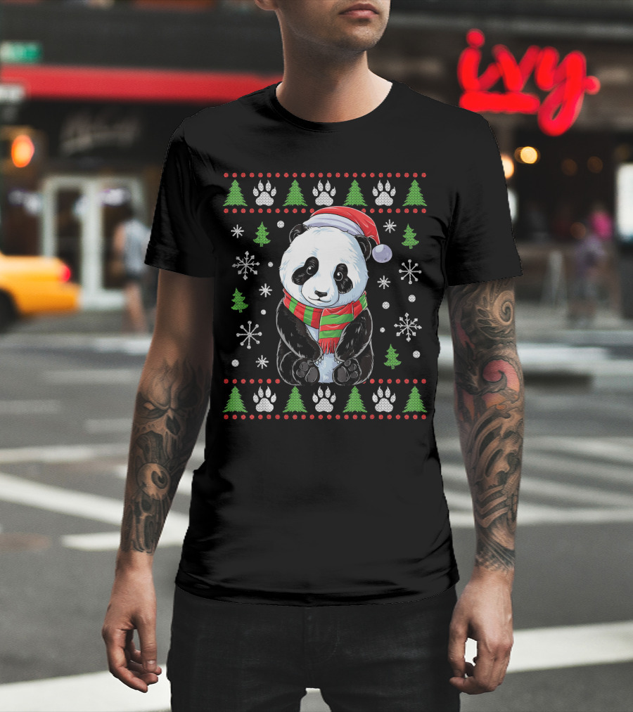 Panda Santa Ugly Christmas Sweater With Trees And Snowflakes T-Shirt