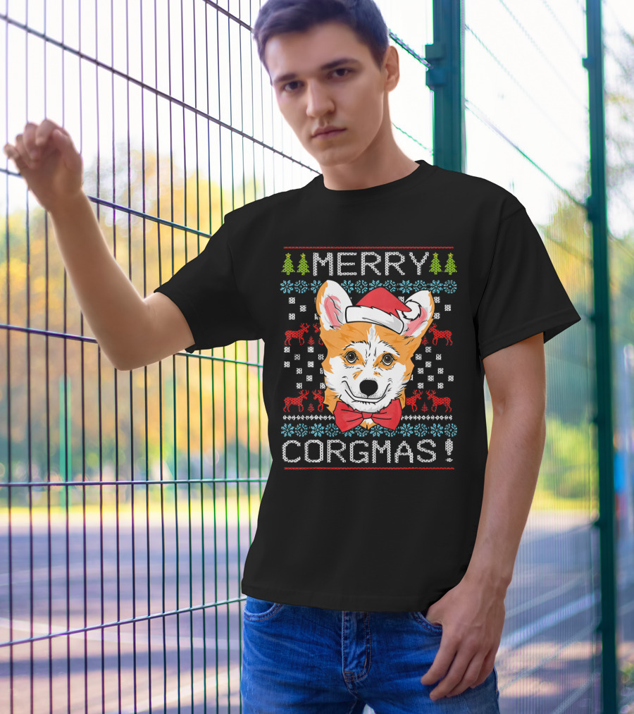 Merry Corgmas Christmas Corgi Santa Hat Festive Trees Bowtie Reindeer T-Shirt