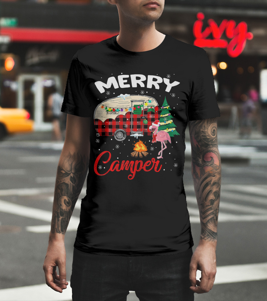 Merry Camper Christmas Camping Flamingo And Campfire Scene T-Shirt