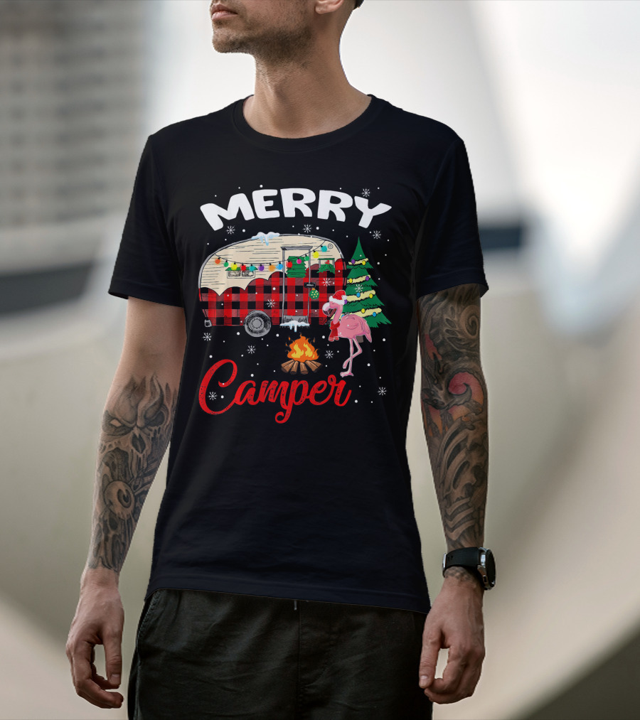 Merry Camper Christmas Camping Flamingo And Campfire Scene T-Shirt
