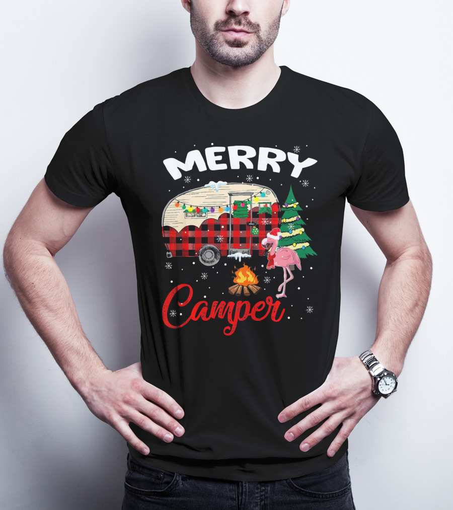 Merry Camper Christmas Camping Flamingo And Campfire Scene T-Shirt