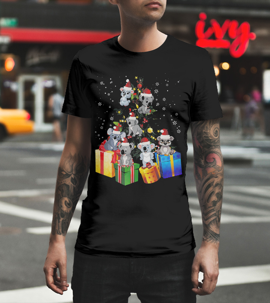 Christmas Koala With Santa Hats And Gifts On Snowy Pine Tree T-Shirt