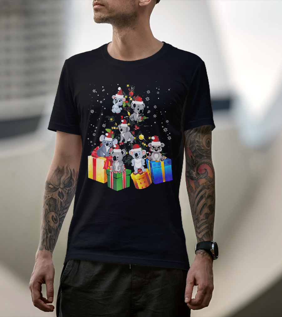 Christmas Koala With Santa Hats And Gifts On Snowy Pine Tree T-Shirt