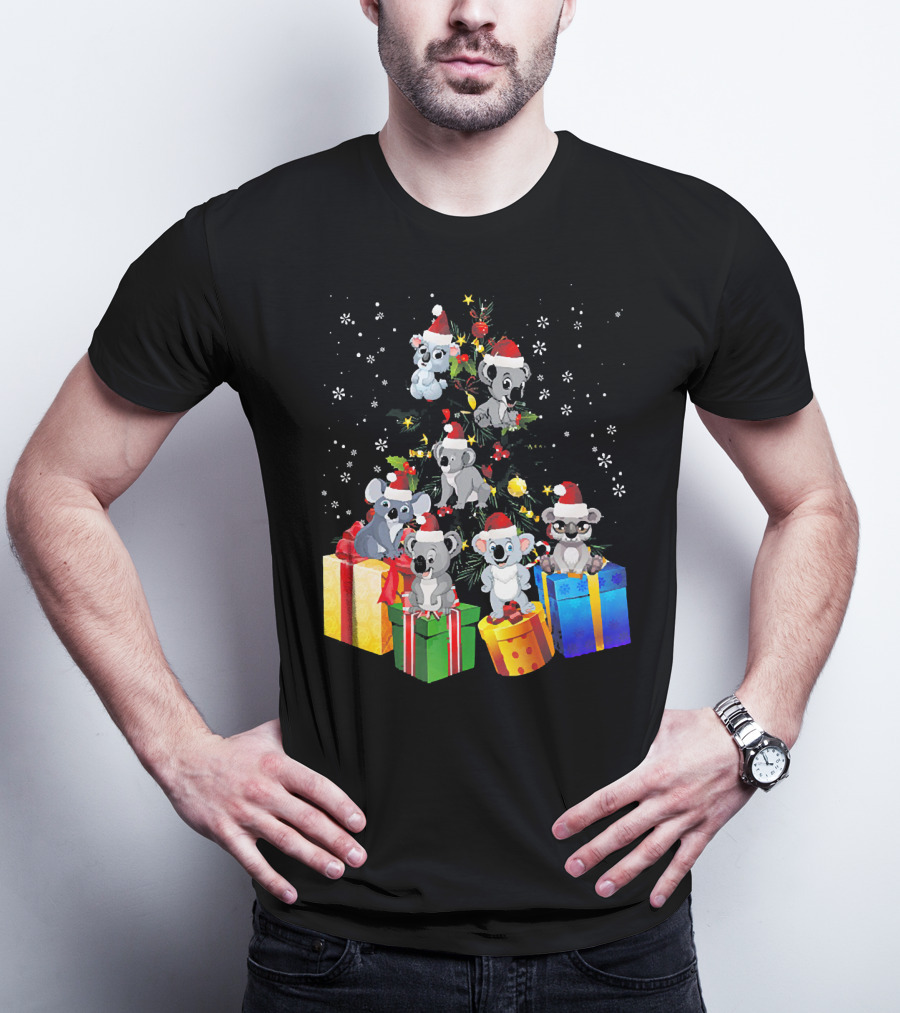 Christmas Koala With Santa Hats And Gifts On Snowy Pine Tree T-Shirt