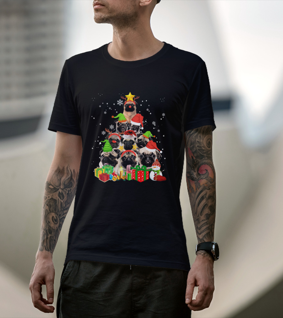 Funny Pug Christmas Tree Xmas With Santa Hats Snowflakes And Gifts T-Shirt
