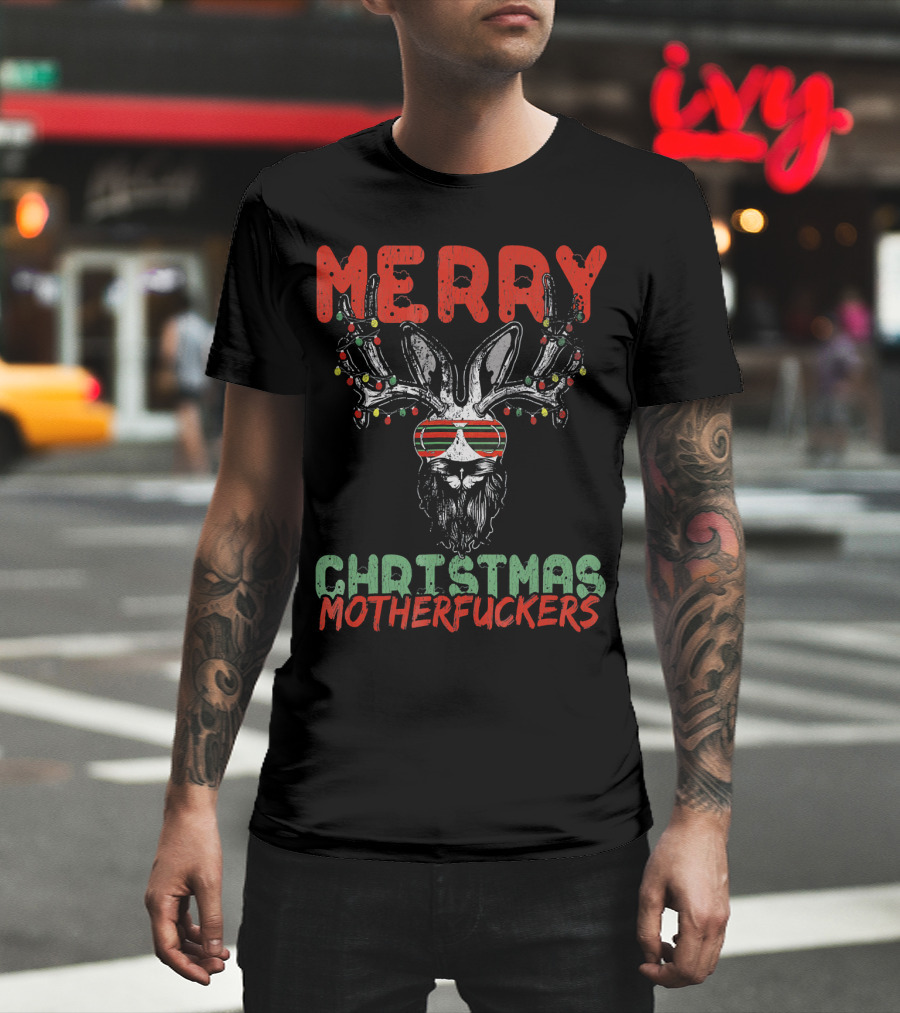 Merry Christmas Motherfuckers Reindeer Skull Holiday Lights T-Shirt