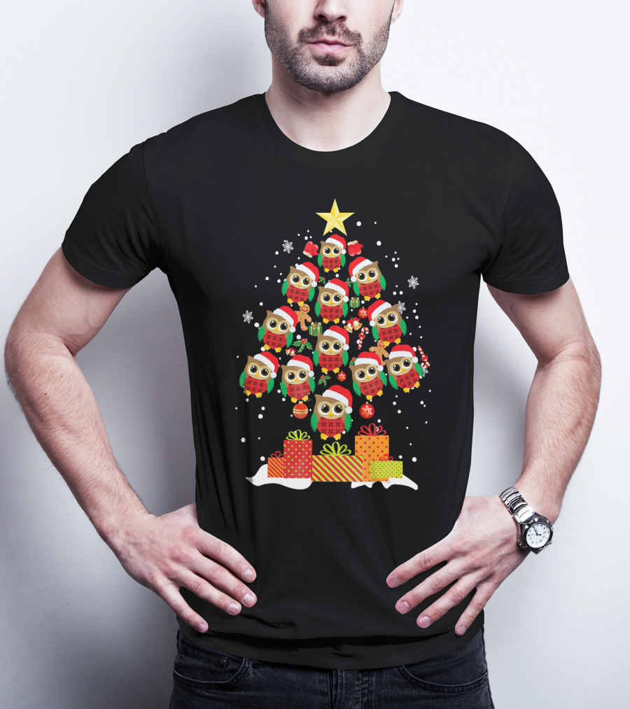 Owl Christmas Tree With Santa Hats And Presents For Owl Lovers T-Shirt