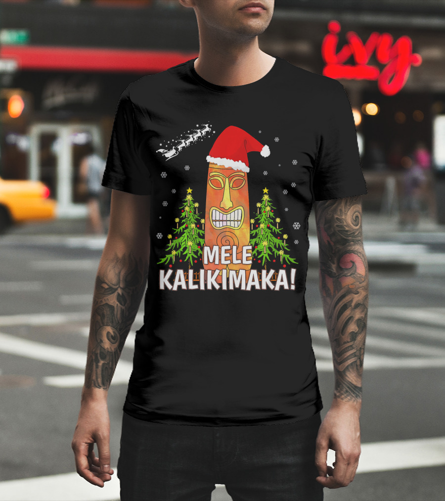 Mele Kalikimaka Santa Hat Tiki Christmas Trees Snowflakes Santa Sleigh T-Shirt