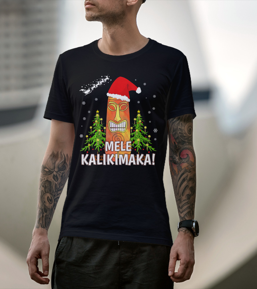 Mele Kalikimaka Santa Hat Tiki Christmas Trees Snowflakes Santa Sleigh T-Shirt