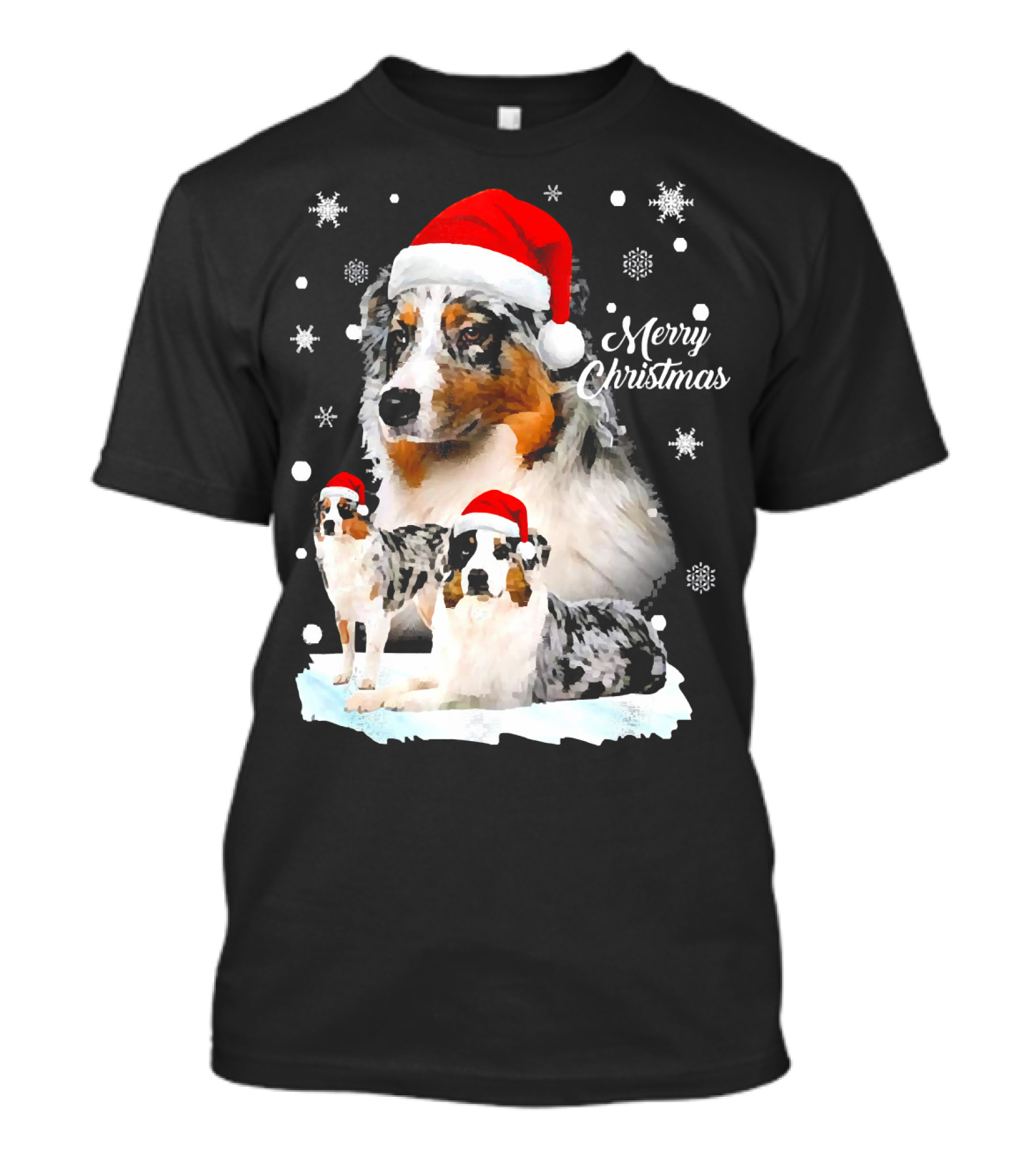 Australian Shepherds Merry Christmas Santa Hats Snowflakes T-Shirt