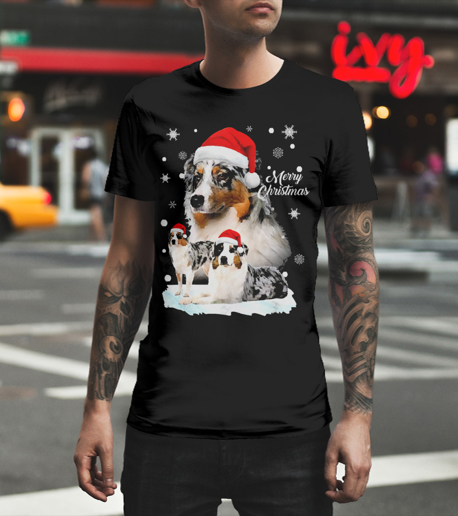 Australian Shepherds Merry Christmas Santa Hats Snowflakes T-Shirt