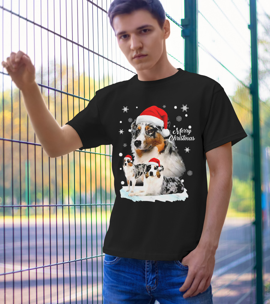 Australian Shepherds Merry Christmas Santa Hats Snowflakes T-Shirt