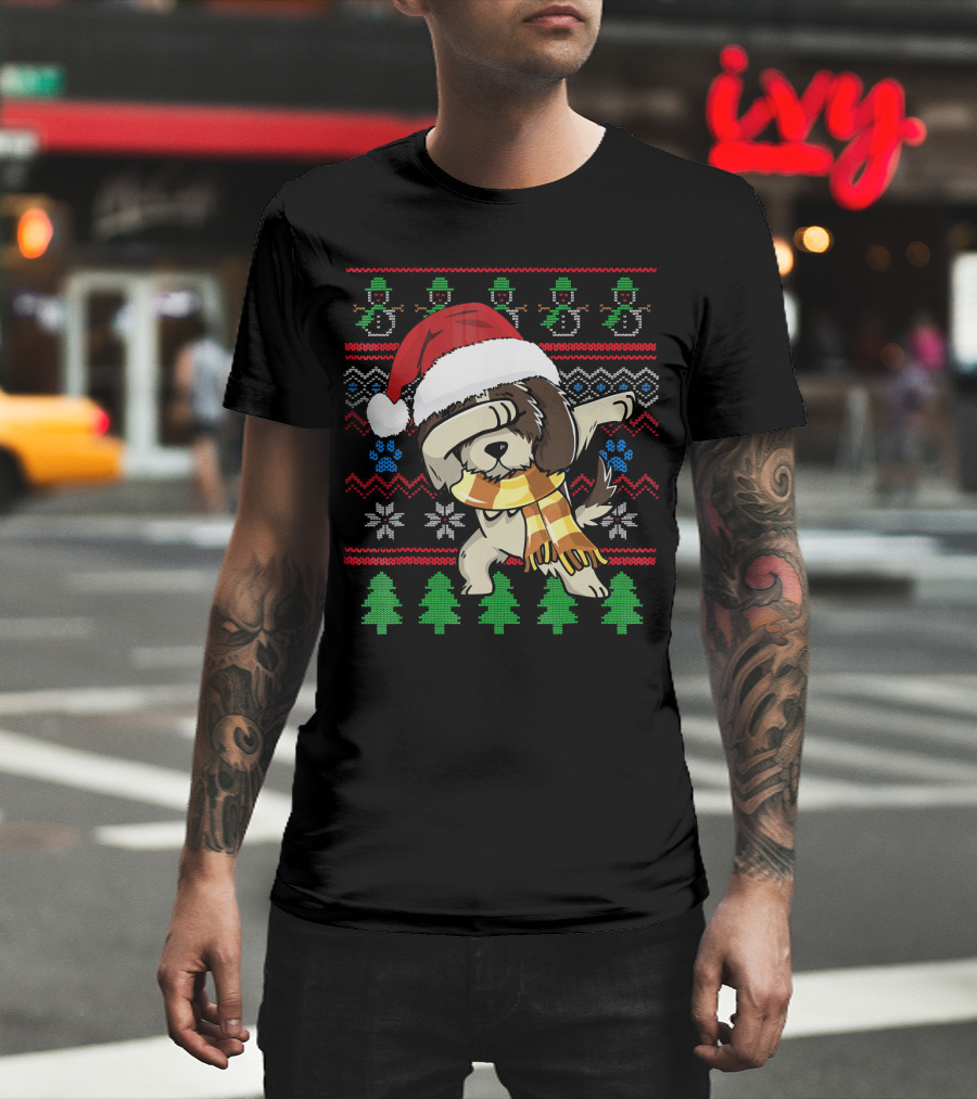 Shih Tzu Dabbing UglyStyle Christmas Santa Hat Scarf Snowflakes Trees T-Shirt