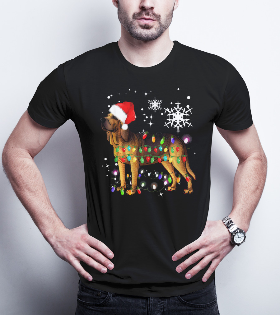 Bloodhound Dog Wrapped In Christmas Lights Santa Hat Snowflakes T-Shirt