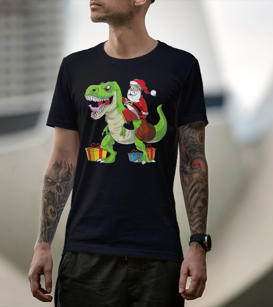 Funny Christmas Kids Santa Riding Dinosaur With Gifts T-Shirt