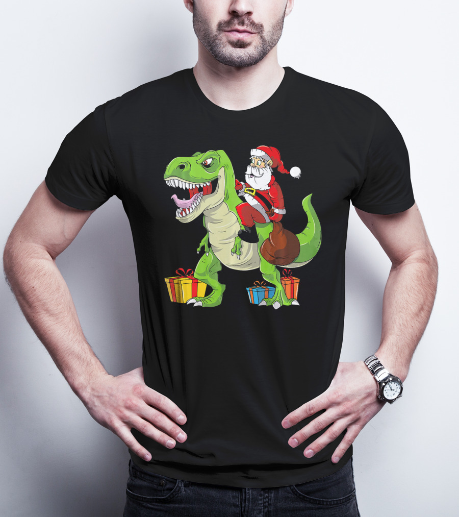 Funny Christmas Kids Santa Riding Dinosaur With Gifts T-Shirt