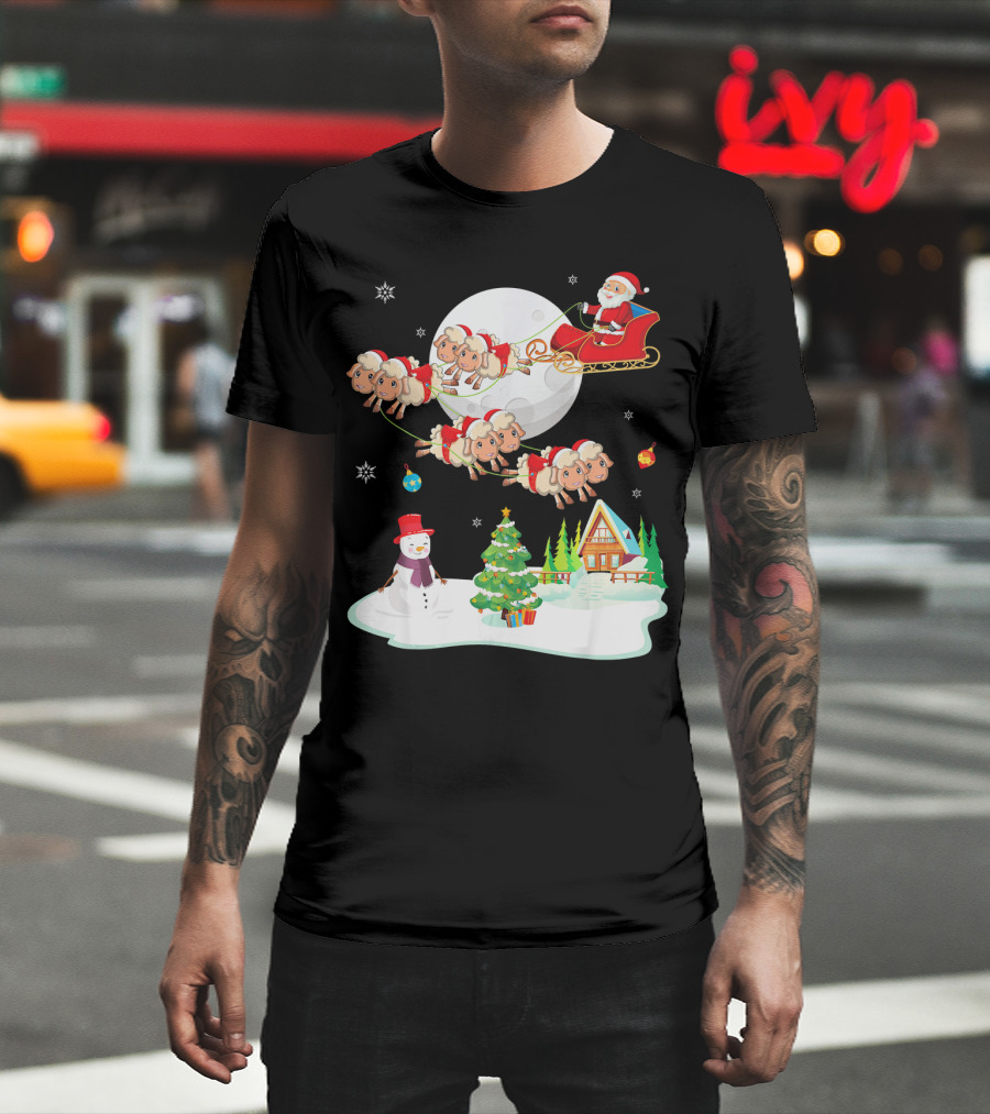Santa Noel With Dancing Snowman And Sheep Sleigh By Moon T-Shirt