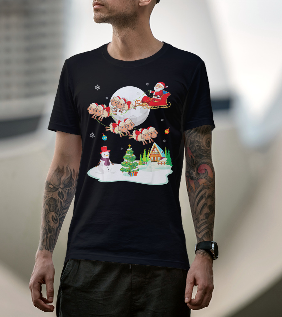 Santa Noel With Dancing Snowman And Sheep Sleigh By Moon T-Shirt
