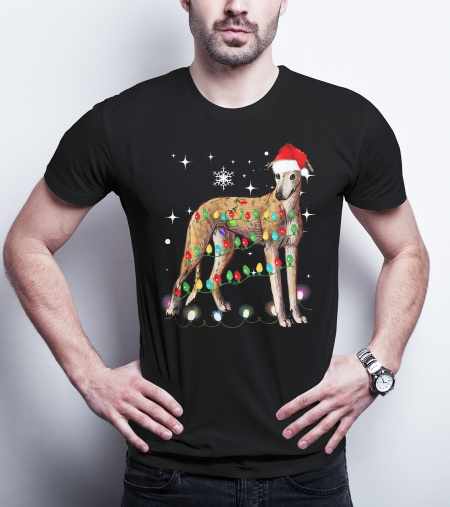 Greyhound Dog With Christmas Lights And Santa Hat T-Shirt