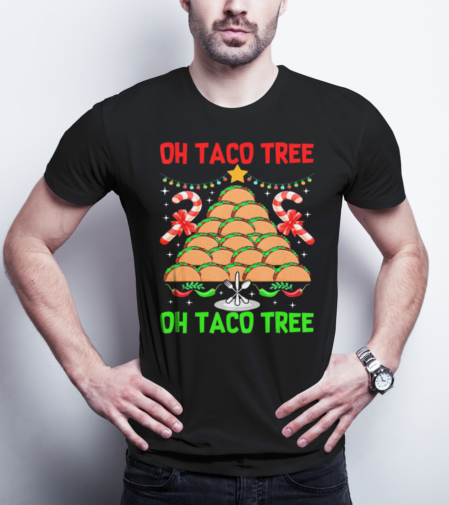 Oh Taco Tree Christmas Candy Cane Funny Party T-Shirt