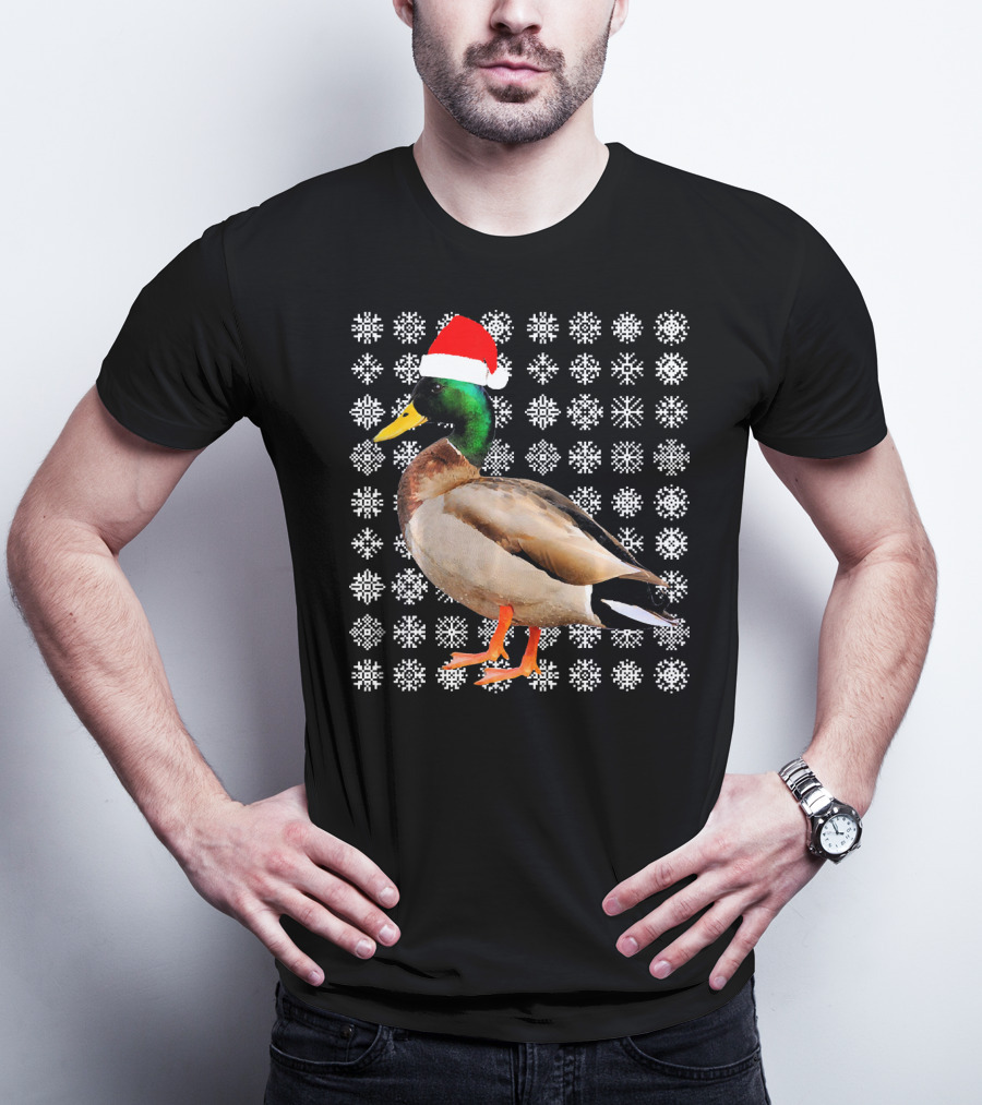 Mallard Duck In Santa Hat With Snowflake Pattern Background T-Shirt