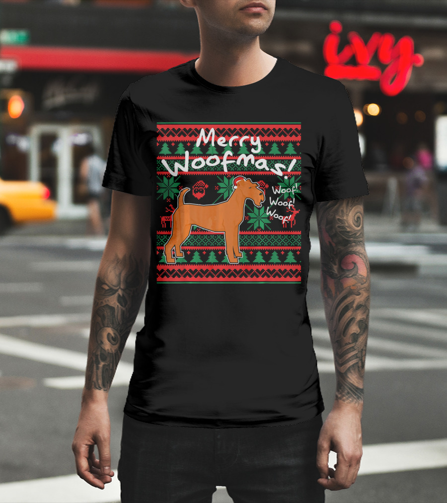 Merry Woofmas Irish Terrier Dog Woof Woof Santas Hat Fair Isle Pattern Sweater Holiday T-Shirt