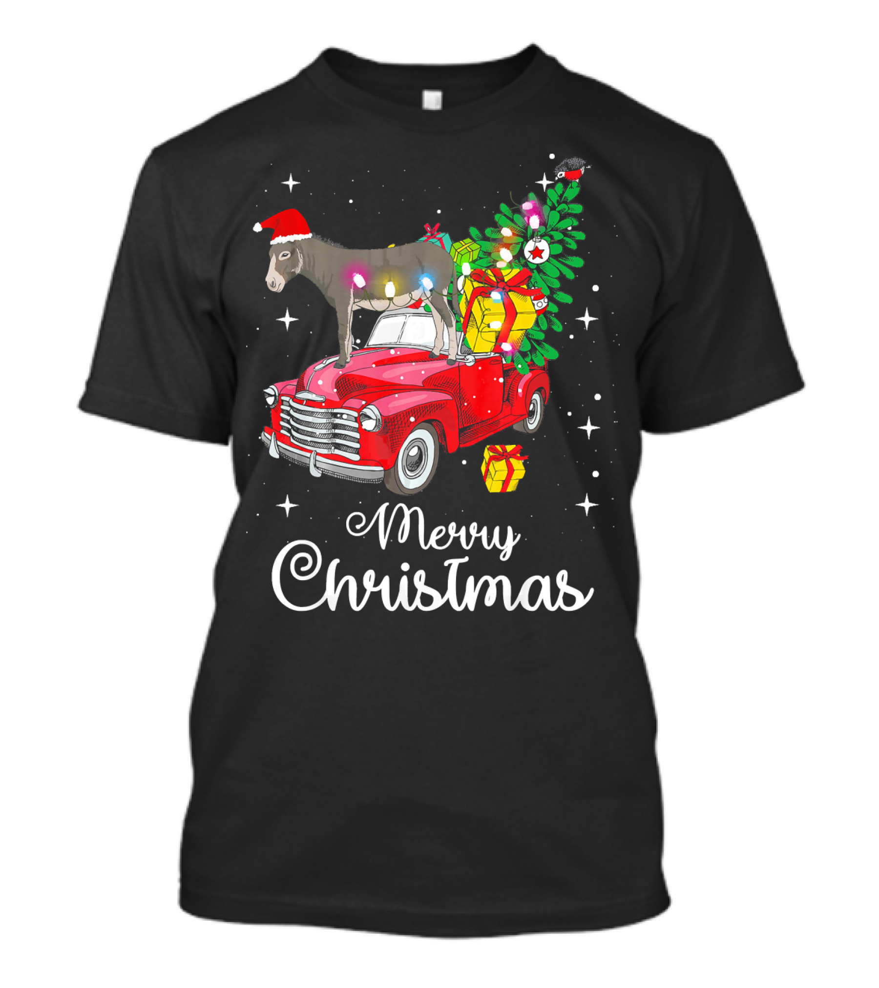 Merry Christmas Donkey Rides Red Truck With Santa Hat And Presents T-Shirt