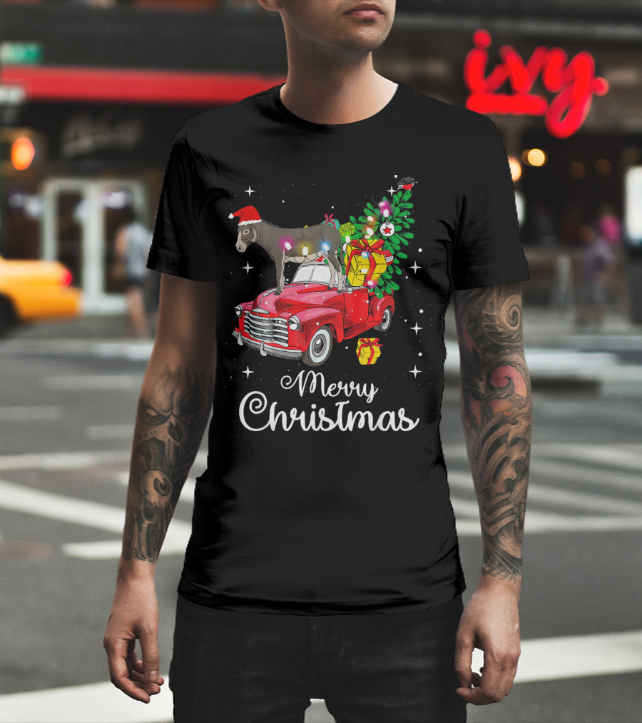 Merry Christmas Donkey Rides Red Truck With Santa Hat And Presents T-Shirt