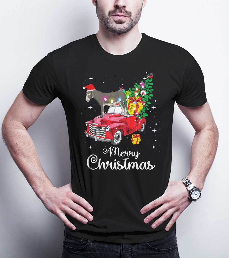 Merry Christmas Donkey Rides Red Truck With Santa Hat And Presents T-Shirt
