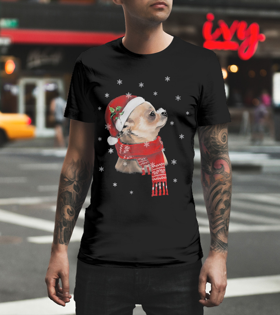 Chihuahua Christmas Cute Chihuahua Lover Festive Santa Hat And Scarf Snowflakes T-Shirt