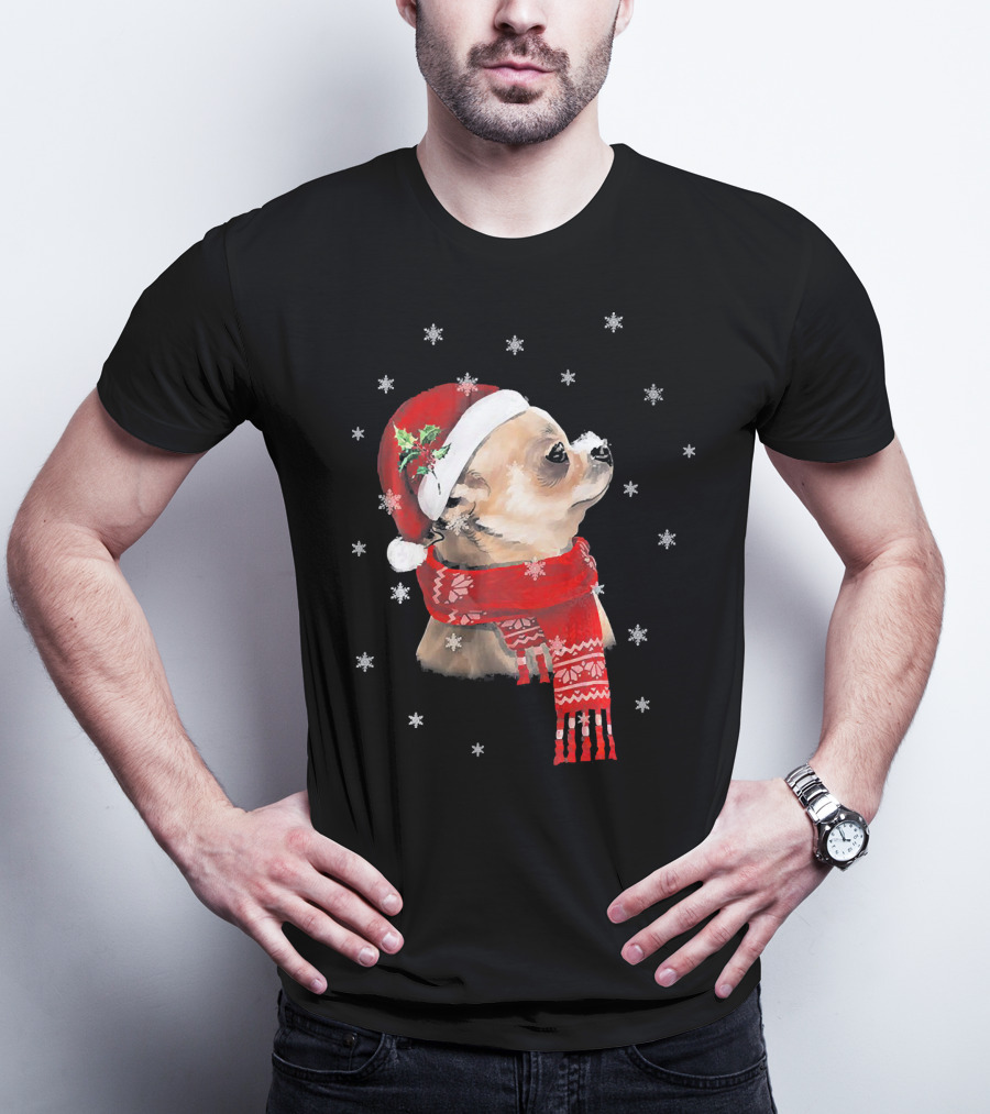 Chihuahua Christmas Cute Chihuahua Lover Festive Santa Hat And Scarf Snowflakes T-Shirt