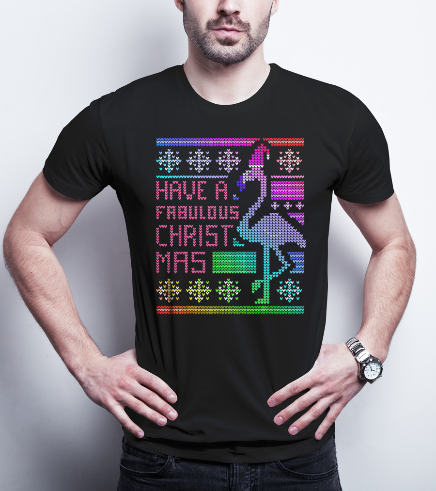 Have A Fabulous Christmas Flamingo Ugly Christmas Rainbow T-Shirt