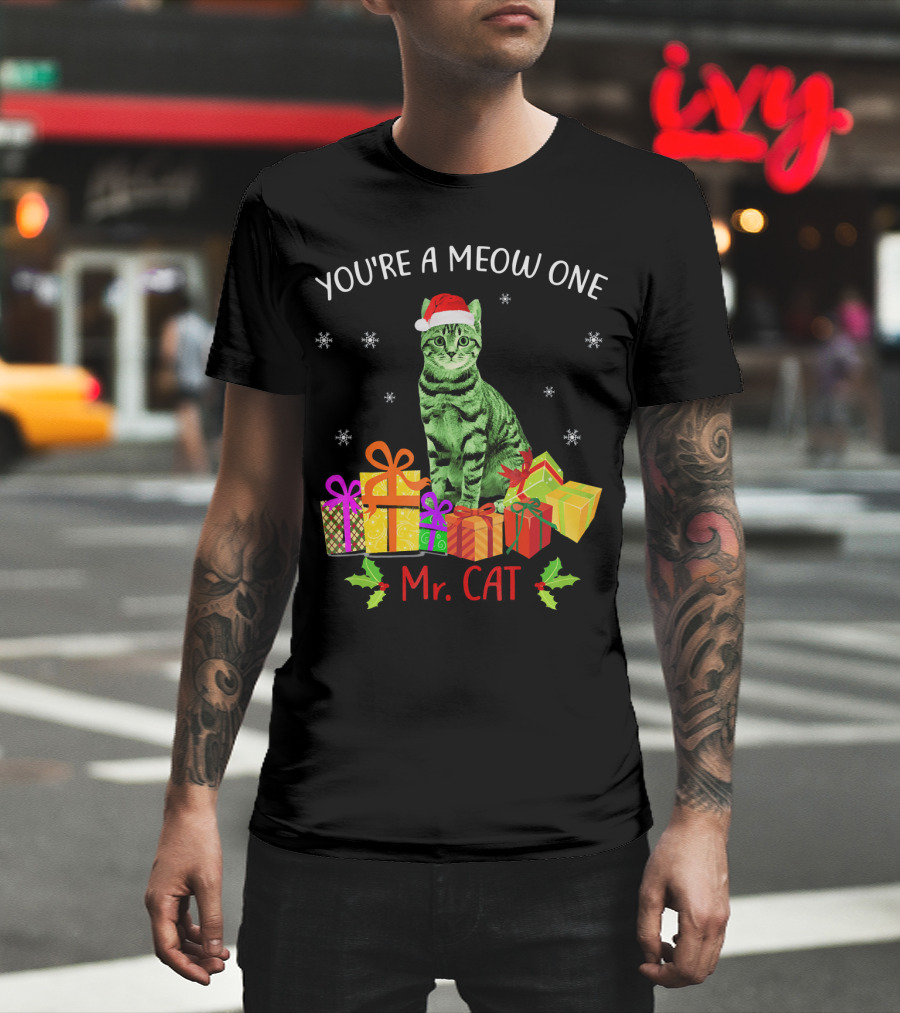 You're A Meow One Mr. Cat Christmas Holiday With Presents And Santa Hat T-Shirt