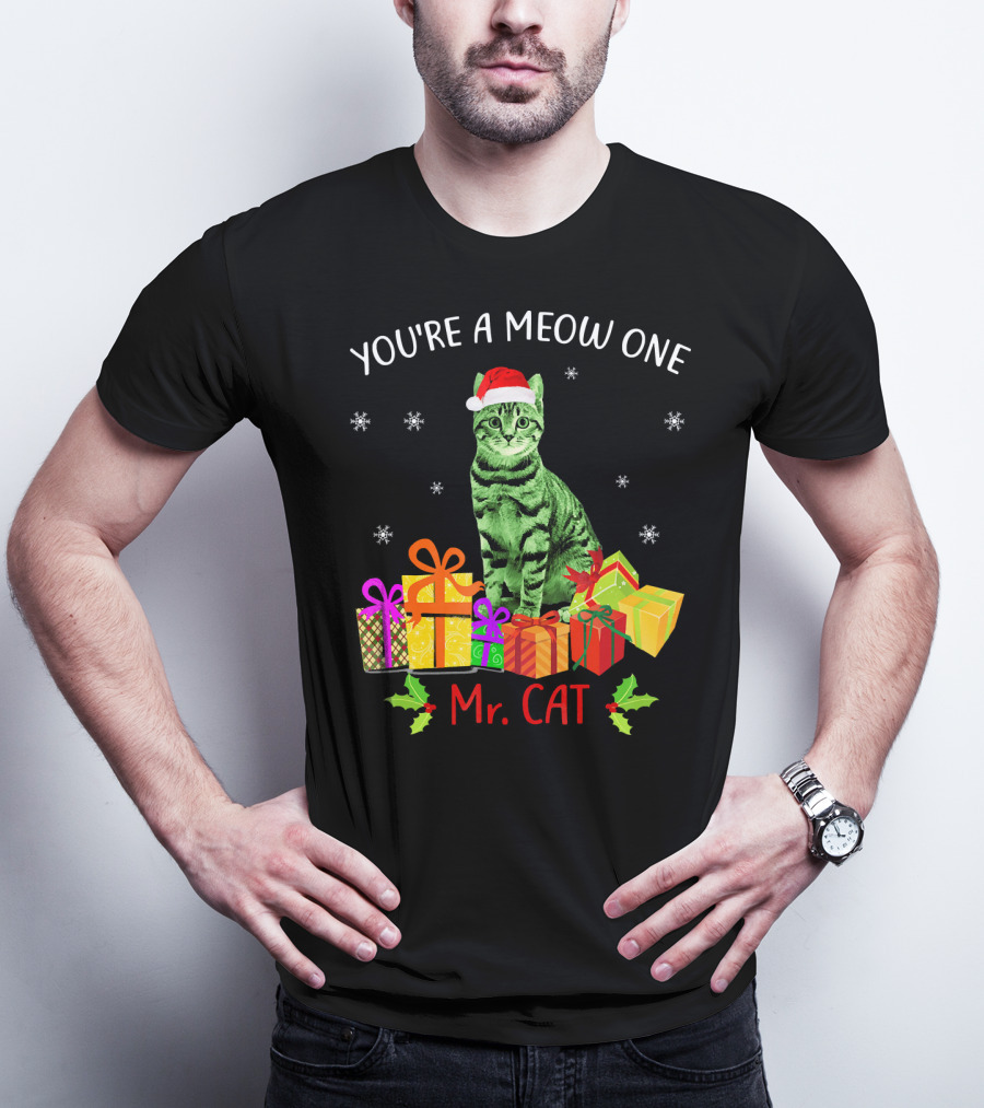You're A Meow One Mr. Cat Christmas Holiday With Presents And Santa Hat T-Shirt