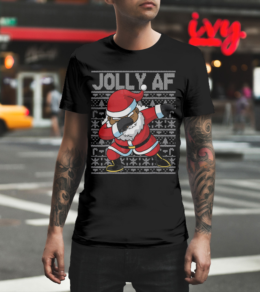 Jolly AF Christmas Dabbing Black Santa T-Shirt