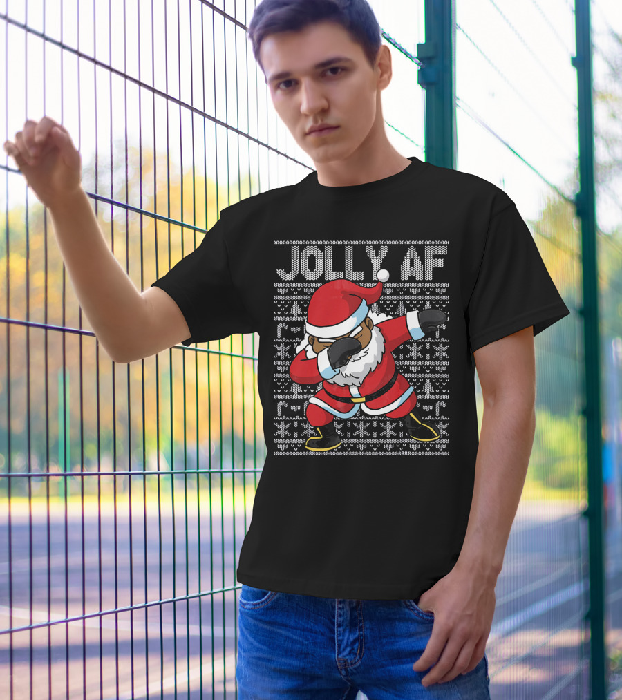 Jolly AF Christmas Dabbing Black Santa T-Shirt