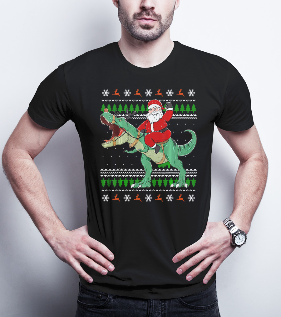 Santa Riding Dino Ugly Christmas Sweater With Snowflakes And Reindeer T-Shirt