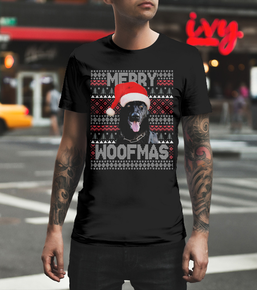 Merry Woofmas German Shepherd In Santa Hat With Festive Knitting T-Shirt