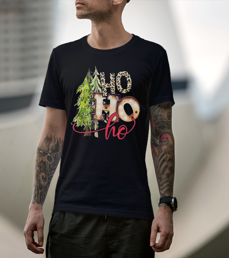 Pine Trees Ho Ho Ho Christmas Lights Leopard Print T-Shirt