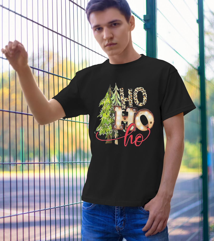 Pine Trees Ho Ho Ho Christmas Lights Leopard Print T-Shirt