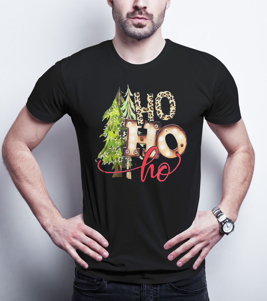 Pine Trees Ho Ho Ho Christmas Lights Leopard Print T-Shirt