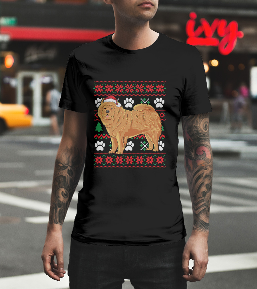 Chow Chow Ugly Christmas Sweater With Santa Hat And Paw Prints T-Shirt