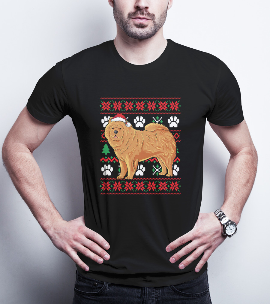 Chow Chow Ugly Christmas Sweater With Santa Hat And Paw Prints T-Shirt