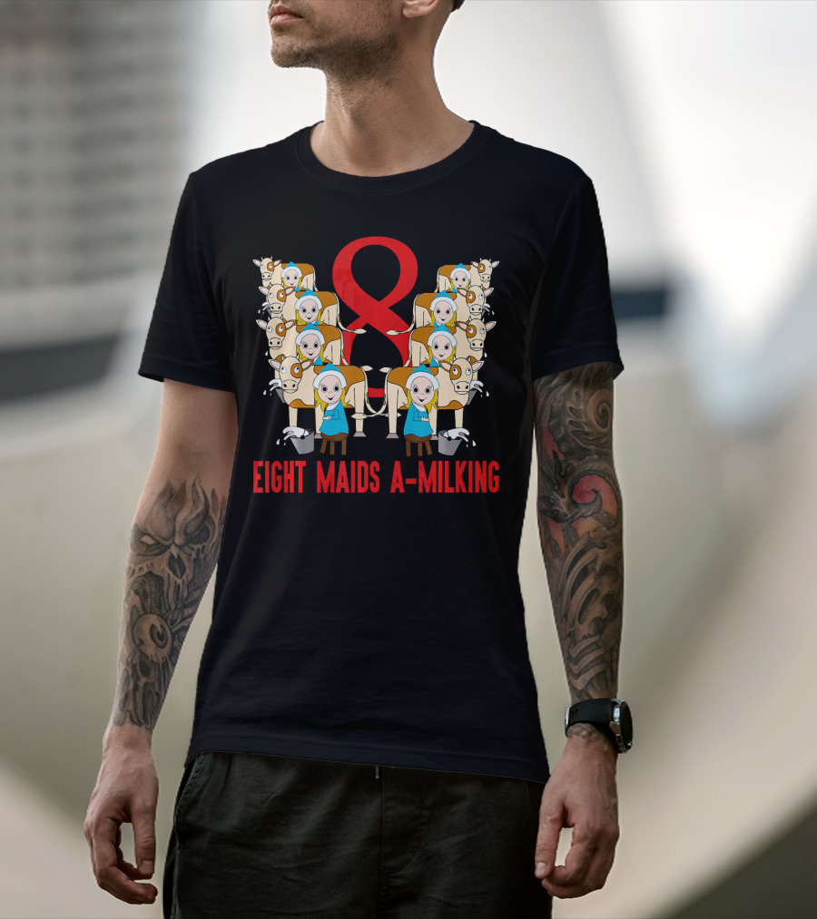 Eight Maids A-Milking Cows With Red Ribbon Background T-Shirt