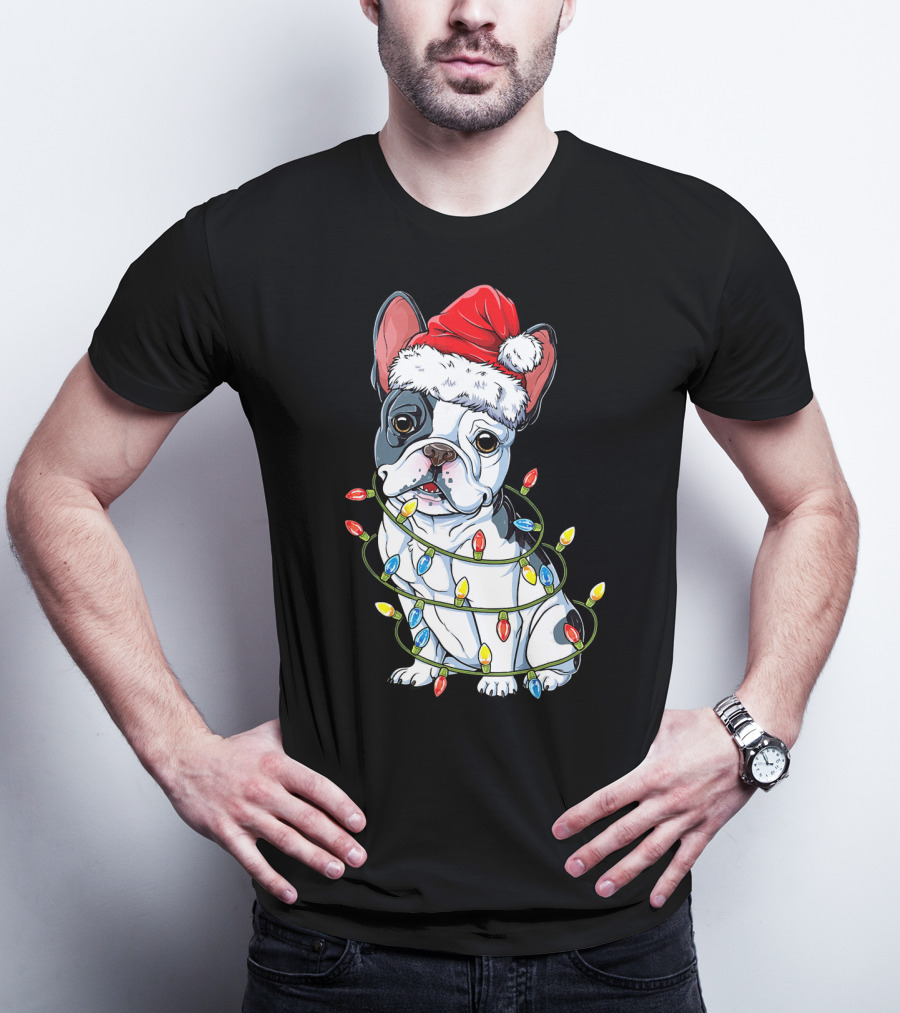 French Bulldog Christmas Santa Hat Festive Lights T-Shirt