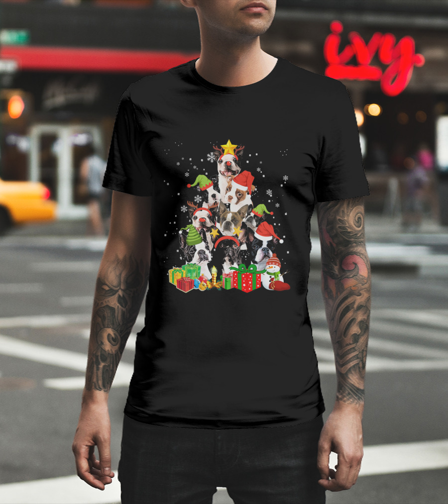 Boston Terrier Christmas Tree With Snowflakes And Gifts T-Shirt