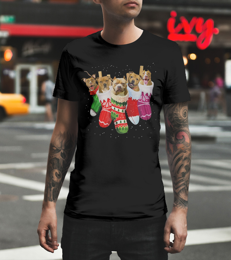 Pit Bull Dogs In Festive Christmas Stockings T-Shirt