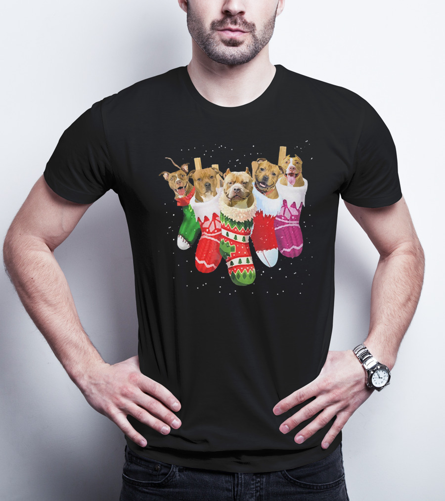 Pit Bull Dogs In Festive Christmas Stockings T-Shirt